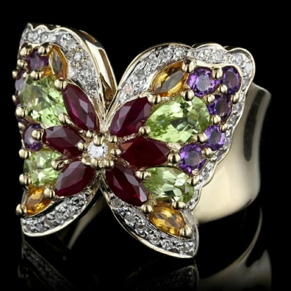 Jewelry | Authentic 14k Solid Gold Diamond Butterfly Gem Stones Ring ...